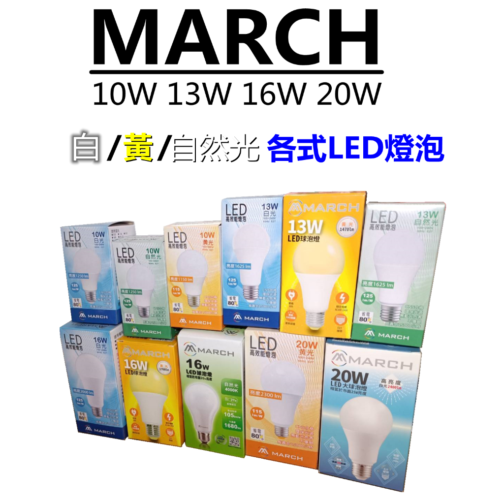 MARCH 各式LED燈泡 10W 13W 16W 20W 球泡 E27 全電壓 黃光 自然光 白光 | 蝦皮購物