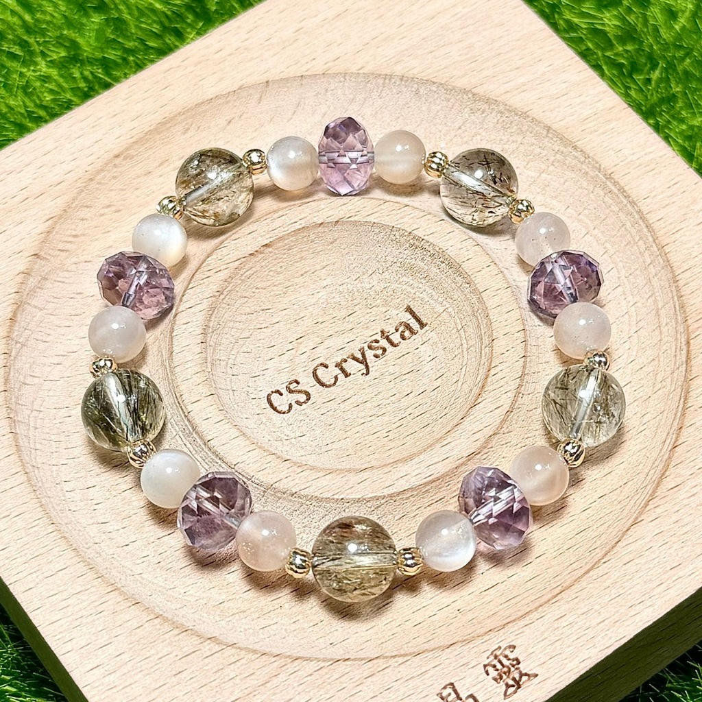 CS Crystal 編號571 - 綠碧髮晶+透體紫水晶+奶茶月光石設計款 | 蝦皮購物