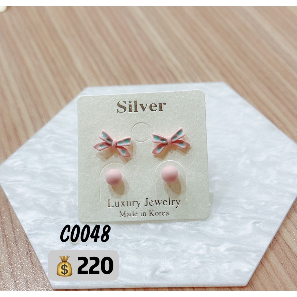 C0048 [韓國製] 粉色甜美蝴蝶結兩件組貼耳款 (現貨+預購) | 蝦皮購物
