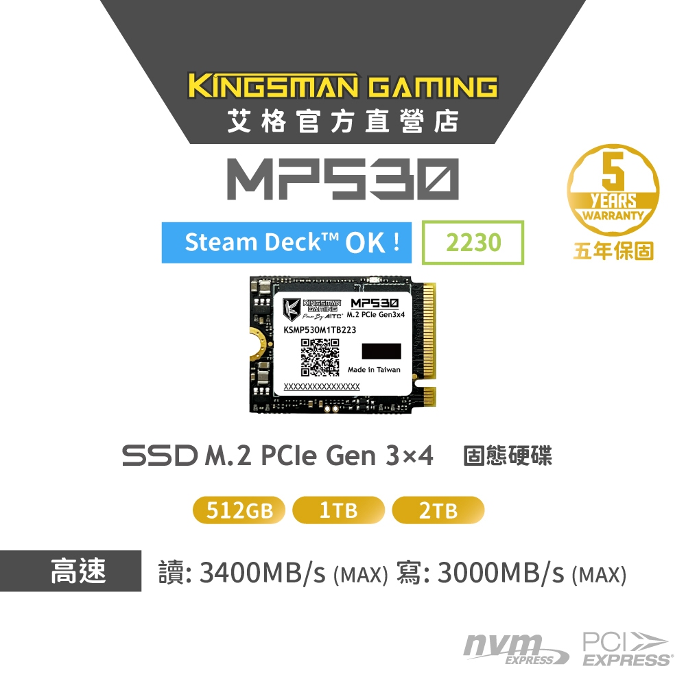 AITC艾格 KINGSMAN MP530 512G/1T/2T M.2 2230 PCIe Gen3 SSD固態硬碟 | 蝦皮購物