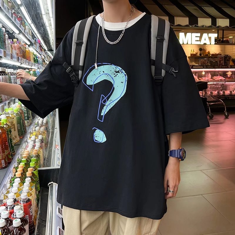現貨⚡100%純棉 M-8XL加大碼短袖 問號短袖T恤男 港風t恤女 學生夏季韓版ins寬鬆上衣百搭潮上衣五分袖/夢 | 蝦皮購物