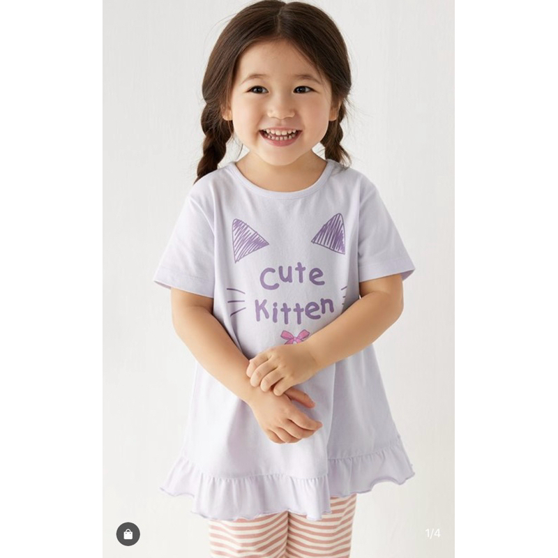 Lativ 紫色貓咪荷葉邊上衣 尺寸140 | 蝦皮購物