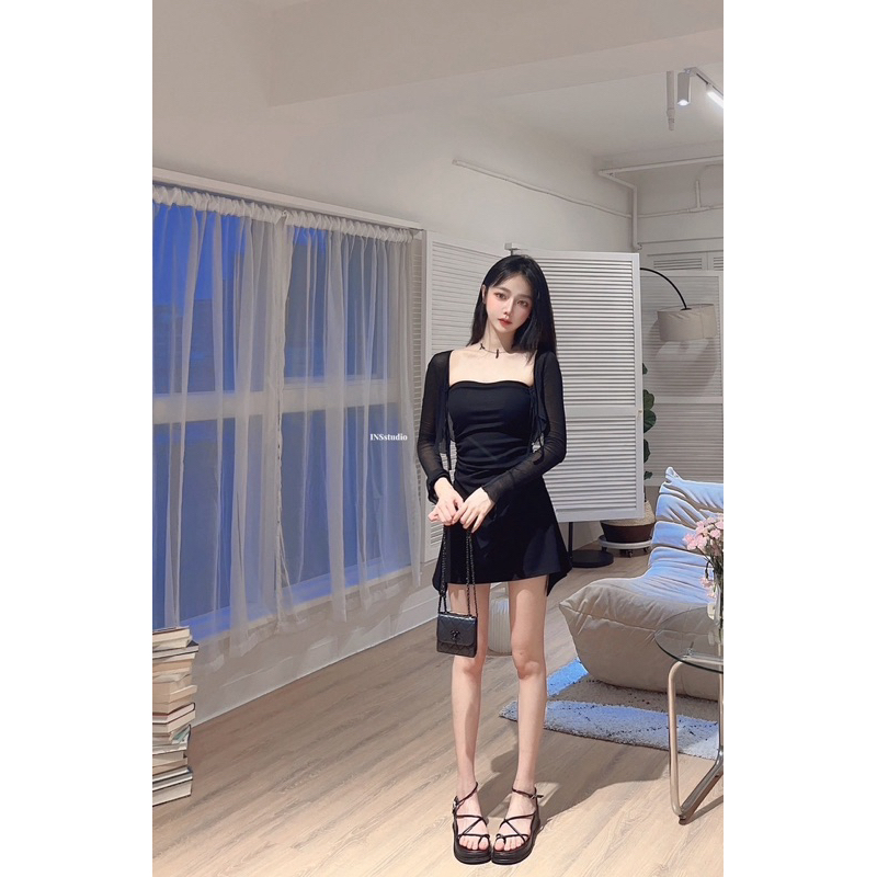 【Y.LLL】｜預購｜罩杯一字領魚尾短洋裝+罩衫set 兩件式套裝 | 蝦皮購物