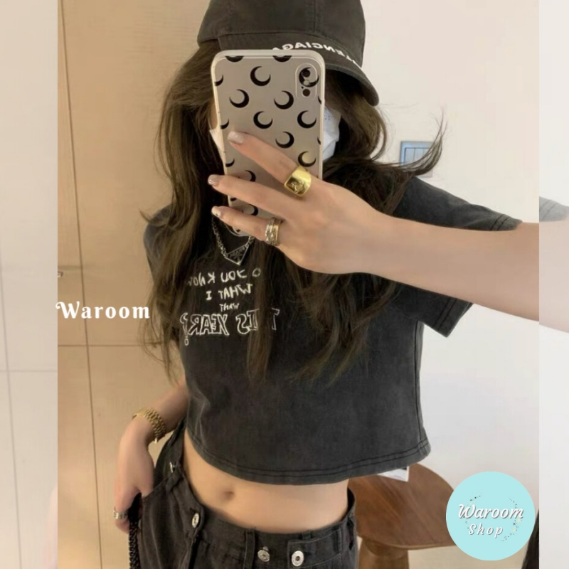 Waroom|高雄現貨秒出 水洗作舊美式正肩短版上衣|女裝|水洗棉|短袖T恤|純棉上衣|露臍|短版上衣|Y2K 63 | 蝦皮購物