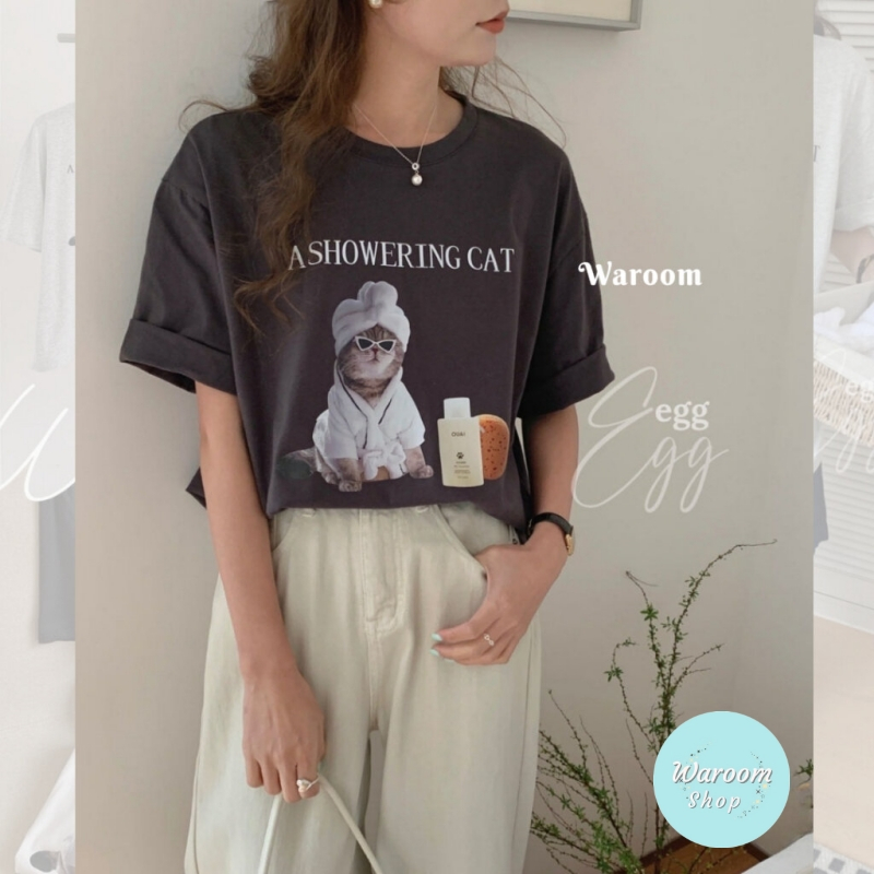 Waroom|高雄現貨秒出 敲可愛男女可穿浴袍帥氣貓咪圖案Tee|女裝|韓國|圓領上衣|T恤|短袖上衣|貓咪上衣9033 | 蝦皮購物
