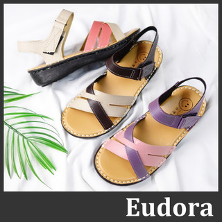 【Eudora】MIT台灣製 手工鞋 厚底涼鞋 魔鬼氈涼鞋 增高涼鞋 皮革撞色 交叉線條 魔鬼氈 厚底增高坡跟楔型 涼鞋 | 蝦皮購物