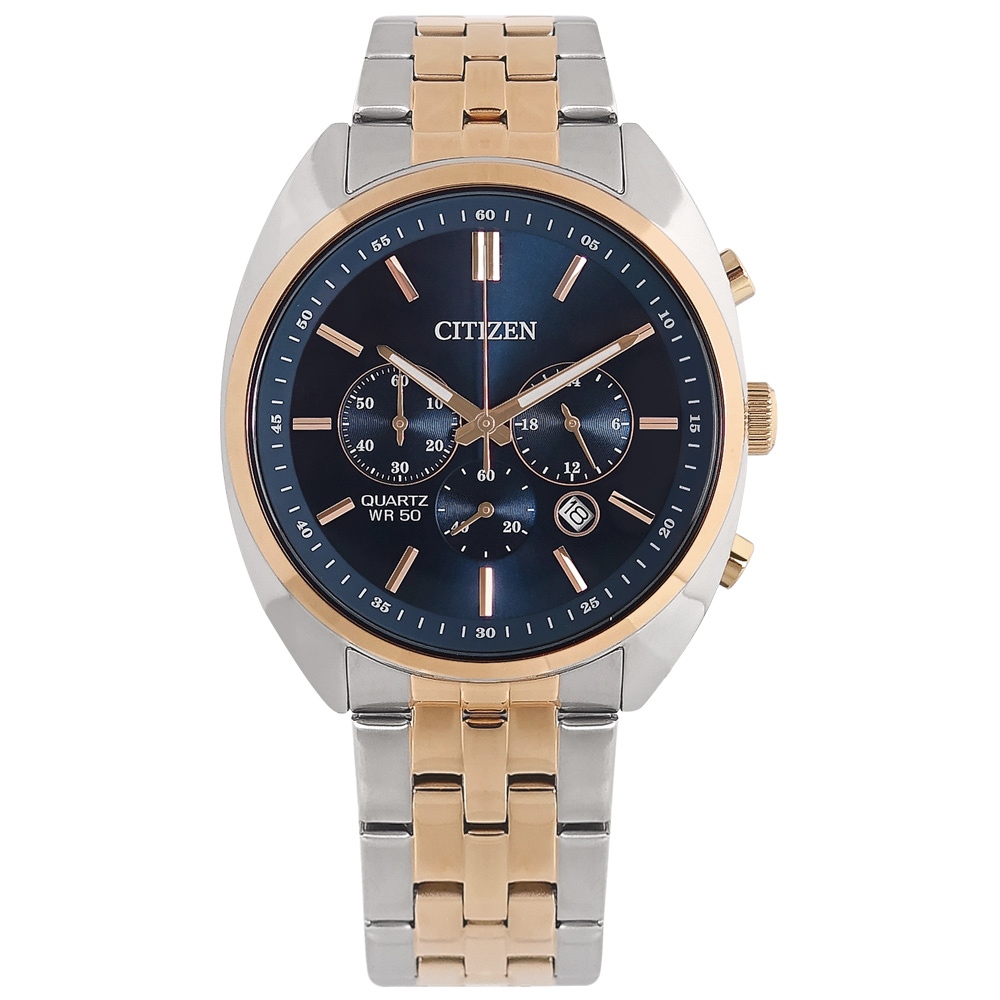 CITIZEN / 經典商務 三眼計時 日期 不鏽鋼手錶 藍x鍍玫瑰金 / AN8216-50L / 42mm | 蝦皮購物