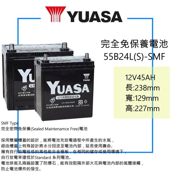 ️全新現貨 ️YUASA 湯淺電池 完全免保養 46B24LS 加強版 55B24LS - SMF 汽車電池 | 蝦皮購物