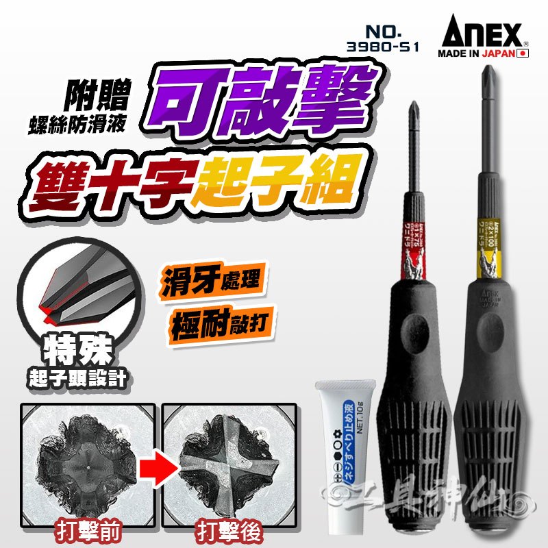 ANEX 安耐適 NO.3980系列【十1 X 75 、十2*100（mm）】雙起子組 強鱷螺絲起子 打擊起子錘擊 鱷魚 | 蝦皮購物