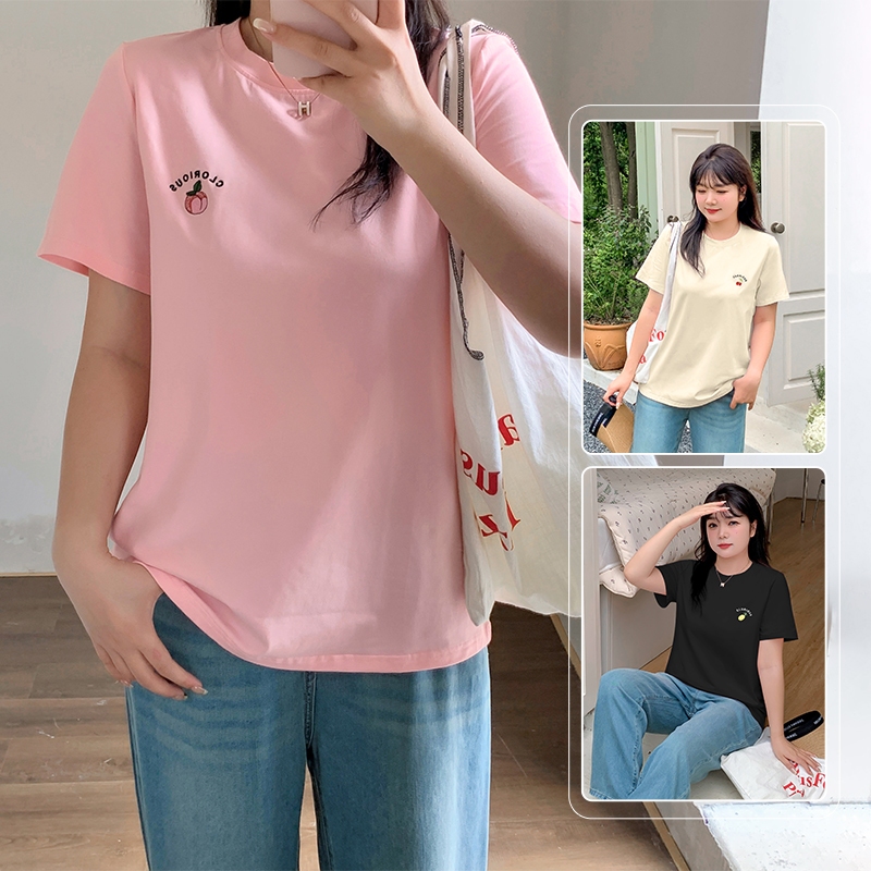 CCGIRL中大尺碼 夏季水果派對刺繡字母圓領短袖上衣－共3色－適XL～4L《20629》大尺碼女裝 大尺碼上衣 | 蝦皮購物