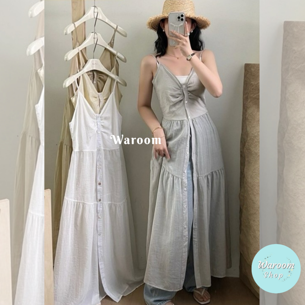 Waroom|高雄現貨秒出 超美質感透紗疊穿細肩連身裙|女裝|肩帶可調|長裙子|海邊|渡假風|V領吊帶洋裝|透膚3313 | 蝦皮購物