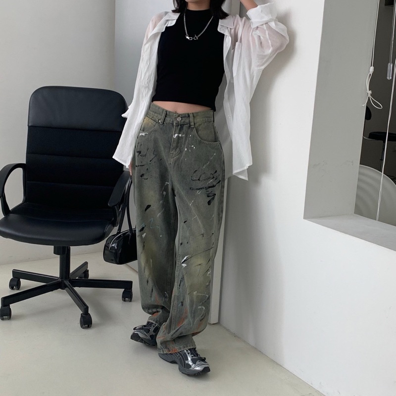 (2117)TAB SPACE_ 自由創作者@仿舊潑漆刷色落地牛仔 | 蝦皮購物