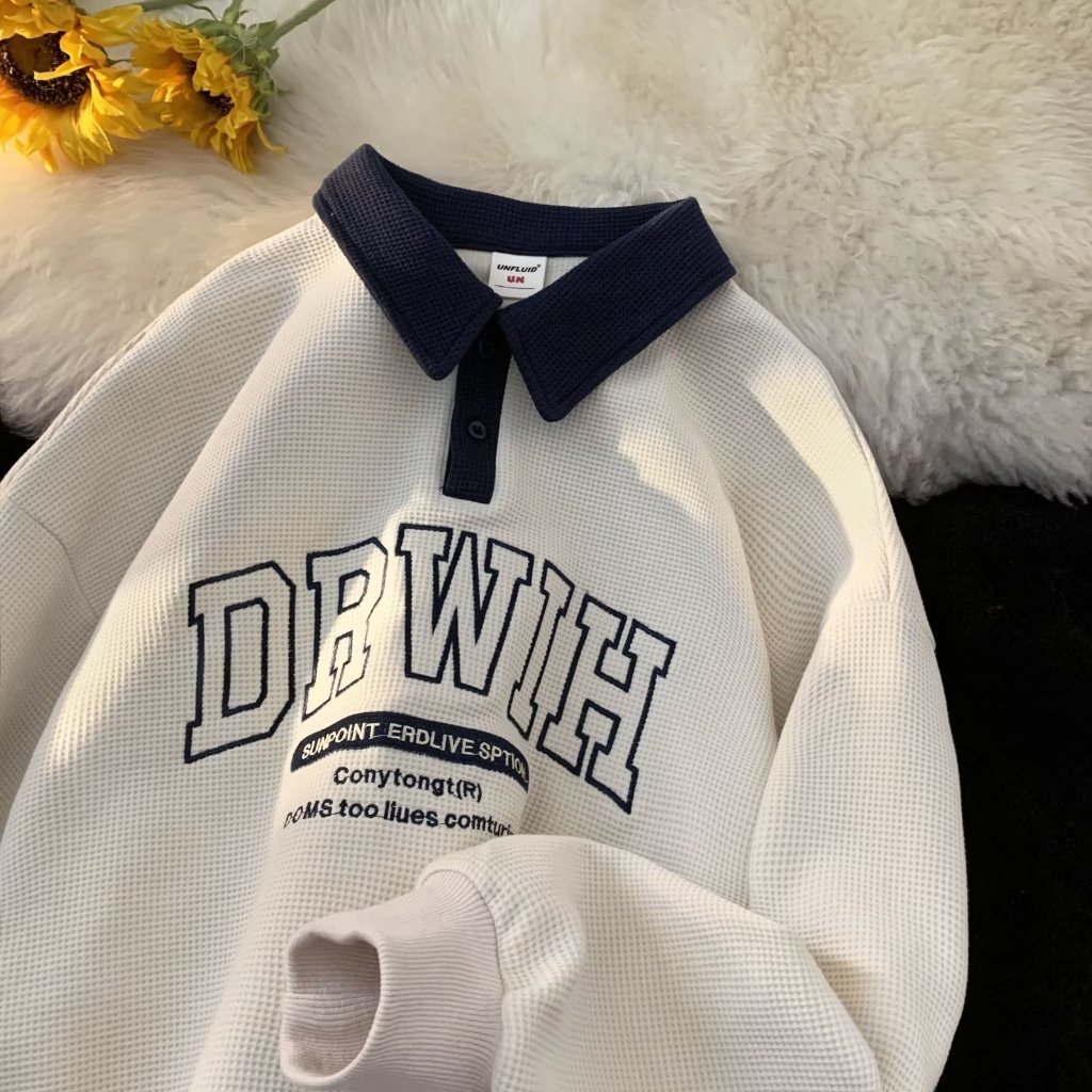 華夫格 大學t POLO領衛衣 男 秋季ins 潮流 刺繡字母圖案 日係複古 翻領大學T T1 | 蝦皮購物