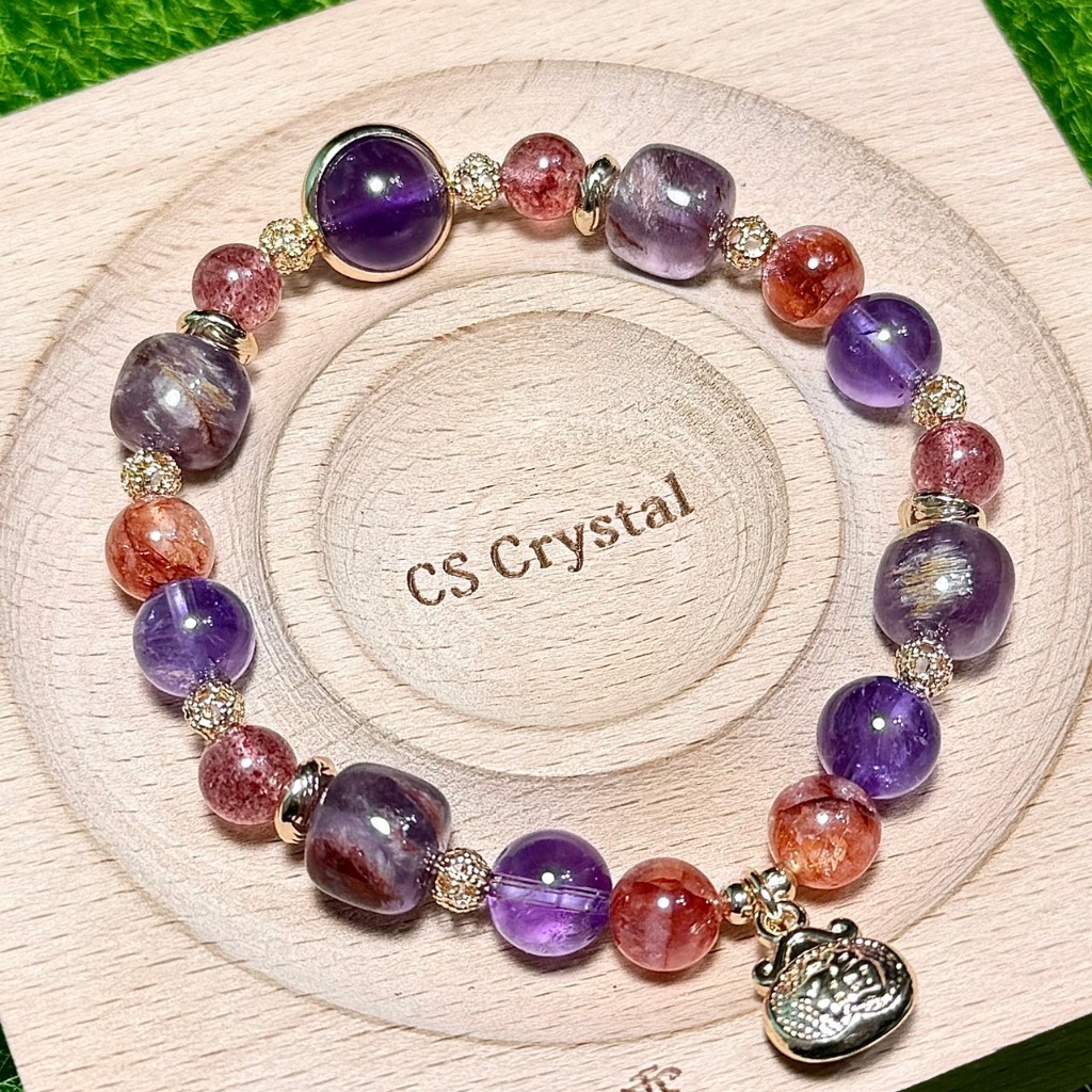 CS Crystal 編號603 新春開運系列 - 紫水晶+紫水晶幽靈+橘紅膠花水晶+草莓晶設計款 | 蝦皮購物