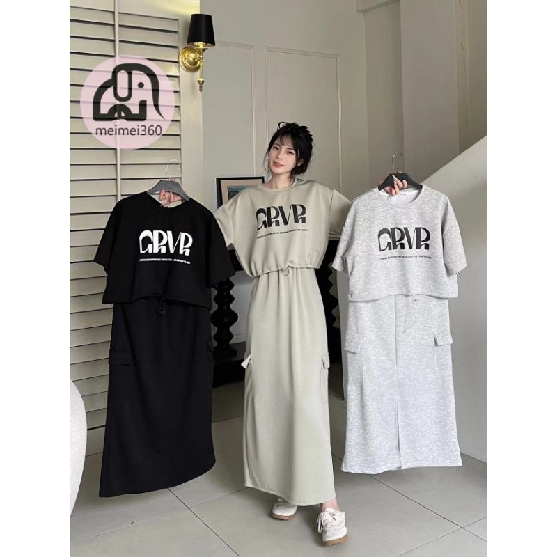 〔meimei360 〕現貨款 空氣棉短版GRVR印花上衣+工裝口袋長裙#套裝 3133 | 蝦皮購物