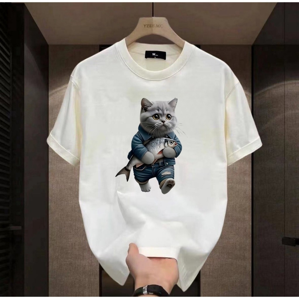 卡通爆款貓咪趣味印花全棉t恤男生 情侶款 M-5XL 網紅重磅T恤 男女生t恤 白色潮牌ins寬鬆打底衫上衣@緣投哥服飾 | 蝦皮購物