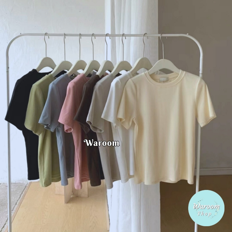 Waroom|高雄現貨秒出 韓系馬卡龍坑條圓領修身素T|女裝|短袖上衣|T恤|螺紋上衣|短袖上衣|彈性|休閒上衣0067 | 蝦皮購物
