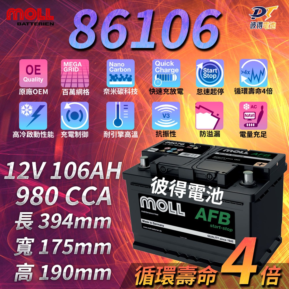 MOLL 86106 Start-Stop AFB電瓶 高性能 12V 106AH 980CCA 免加水汽車電池 德國製 | 蝦皮購物