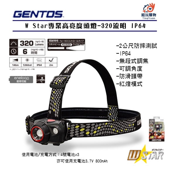 【庭沅購物】(附發票) 日本GENTOS W Star專業高亮度頭燈-320流明 IP64 WS-343HD | 蝦皮購物