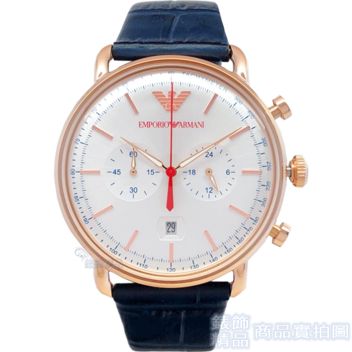 Emporio Armani 亞曼尼 AR11123手錶 日期 雙眼計時 玫金框 深藍皮帶 男錶【錶飾精品】 | 蝦皮購物