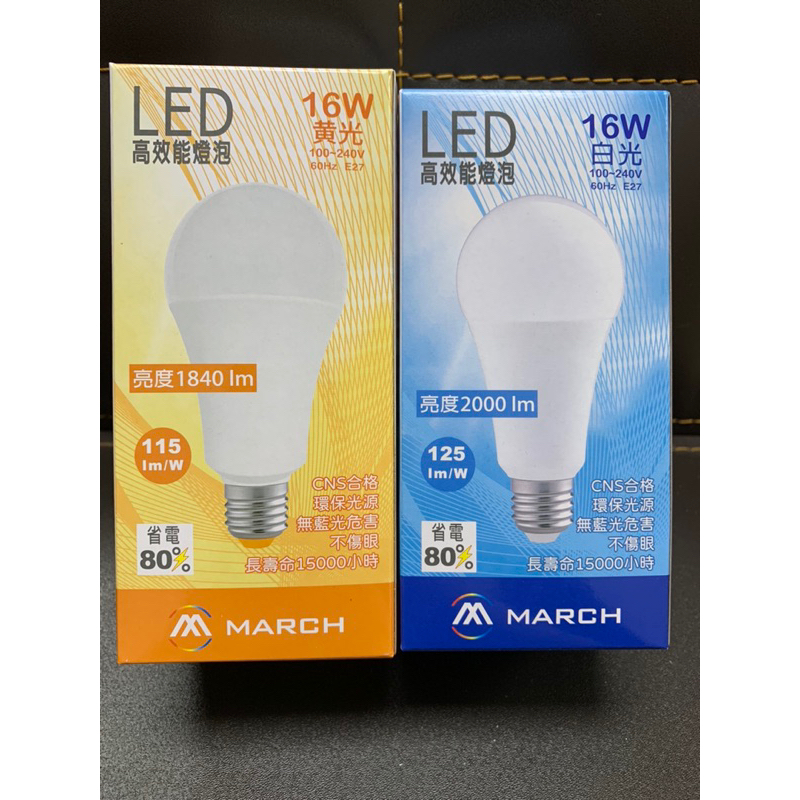 LED 16W 高效能 球泡 燈泡 💡 白光 黃光 4000K 無藍光 不傷眼 節能 環保 CNS認證 MARCH MH | 蝦皮購物