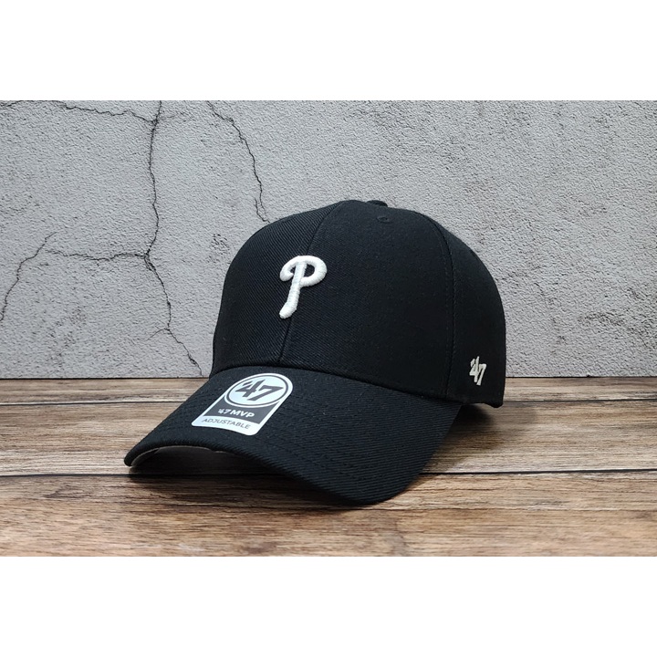 蝦拼殿 47brand MLB費城費城人 小P LOGO基本款黑色底白字基本款 硬款 男女可戴 | 蝦皮購物