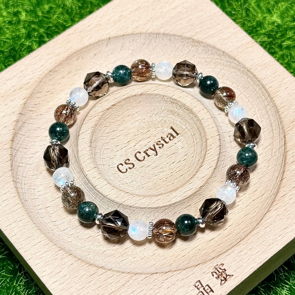 CS Crystal 編號487 - 墨水茶晶+黑金超七+深藍綠磷灰石+奶油體月光石設計款 | 蝦皮購物