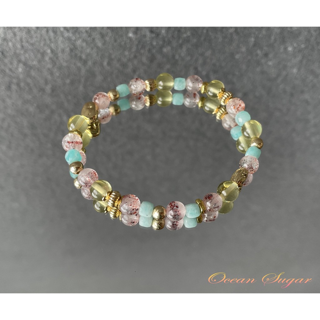 設計手鍊 金草莓 檸檬晶 天河石 增強信心 擋小人 辟邪 帶來好運（自然光拍攝） | 蝦皮購物