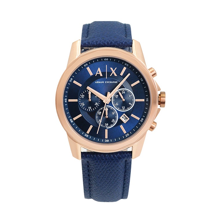 Armani Exchange | A|X系列 玫瑰金x藍色 真皮錶帶三眼計時 AX1723 | 蝦皮購物