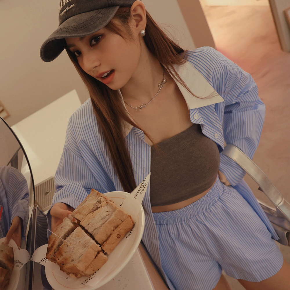 AIR SPACE PLUS 2WAY撞色條紋寬版襯衫(藍/粉紅) 女裝 現貨 大尺碼 中大尺碼 | 蝦皮購物