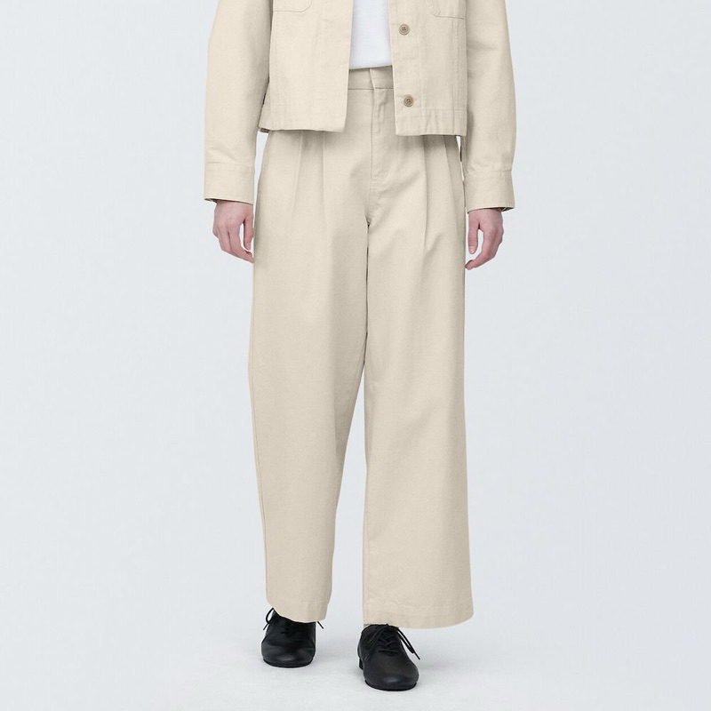 MUJI 無印良品 女吉貝木棉混打褶寬版褲 原色 M 原價$1390 | 蝦皮購物