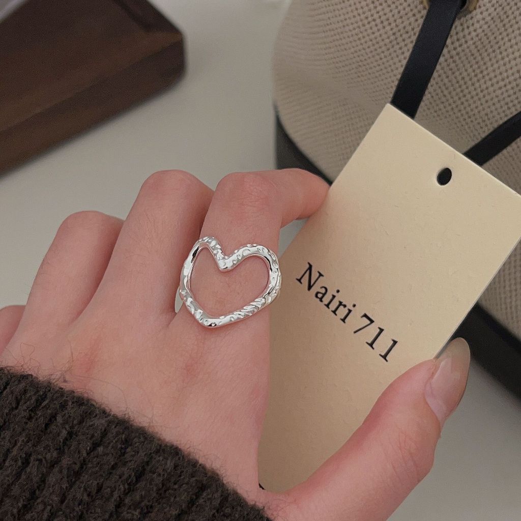 Relise] （台灣現貨）A0262 通體純銀 S925純銀 肌理感愛心開環戒指 | 蝦皮購物