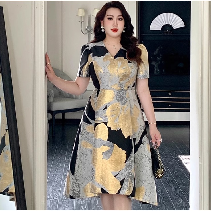 中大尺碼禮服L-5XL V領緹花布前短後長顯瘦高級洋裝 #gl777 @卡樂@ | 蝦皮購物