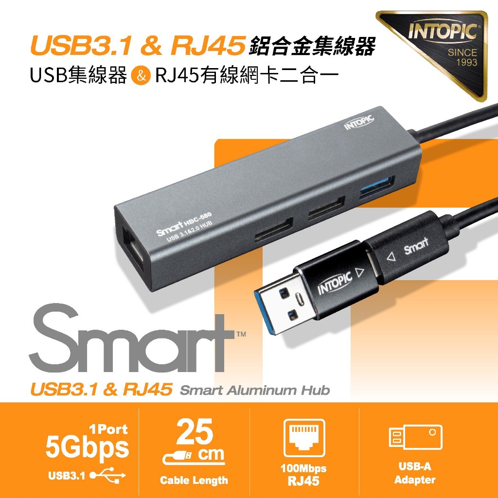 【INTOPIC】HBC-580 2合1 TypeC HUB集線器(USB3.1/RJ45/附轉接頭)*已拆封 | 蝦皮購物