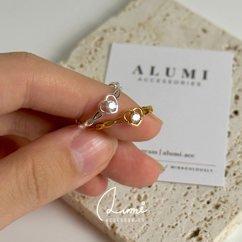 [ALUMI] 心鑽｜S925純銀 鍍18K金 鏤空愛心 鋯石 輕奢風 開口戒 銀戒 戒指 飾品 純銀戒指 | 蝦皮購物