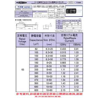 電容器,TXW,63V,470uF,尺寸:8*60,壽命:10000小時(1個=NT 40元),Rubycon | 蝦皮購物