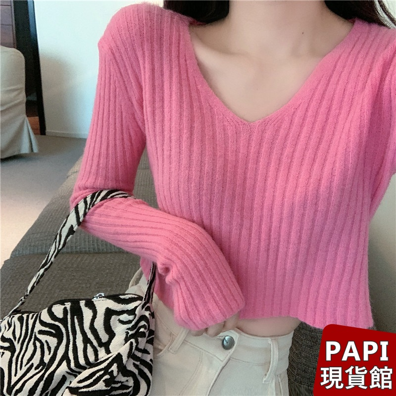 v領坑條打底針織衫【73093】PAPI女裝批發價秋冬新款韓系INS休閒百搭氣質內搭長袖短版針織毛衣針織上衣 | 蝦皮購物