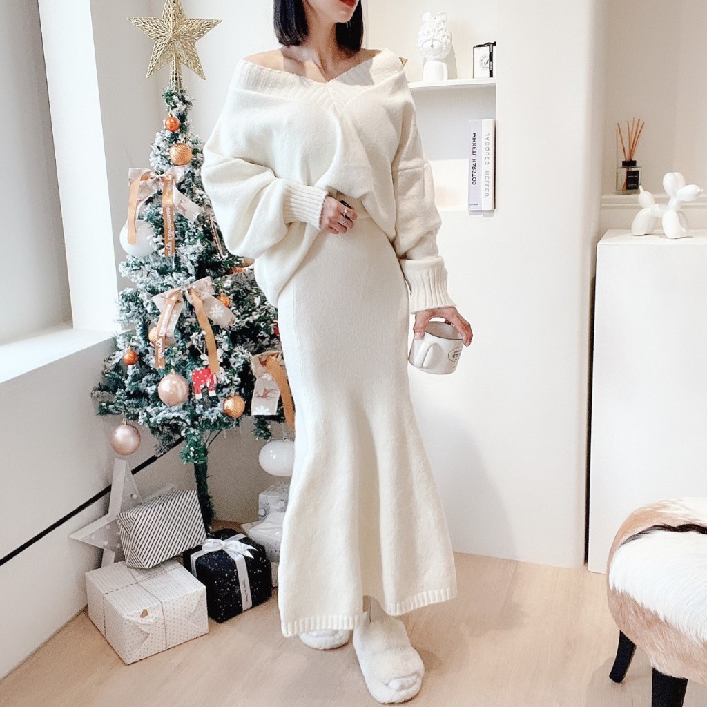 韓系V領針織上衣+鬆緊腰圍針織魚尾裙套裝🧸rina.space🧸 | 蝦皮購物