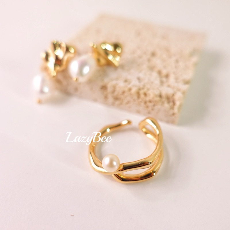 LazyBee 《設計師款》 流水意象純銀貝珠開口戒指｜現貨 | 蝦皮購物