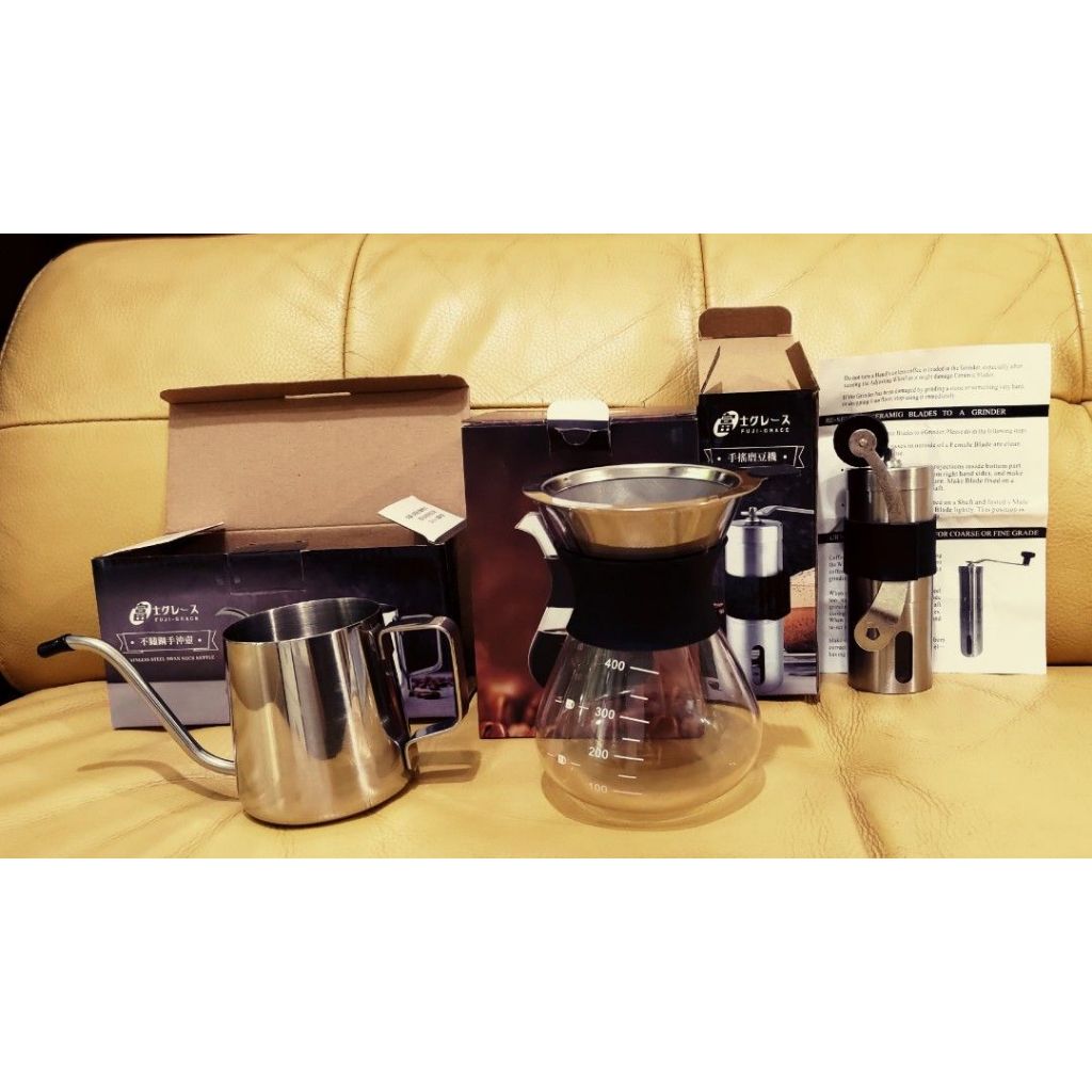 FUJI-GRACE 日本富士雅麗 304不鏽鋼經典手沖壺咖啡4件組(磨豆機+手沖壺+濾網+分享壺) | 蝦皮購物