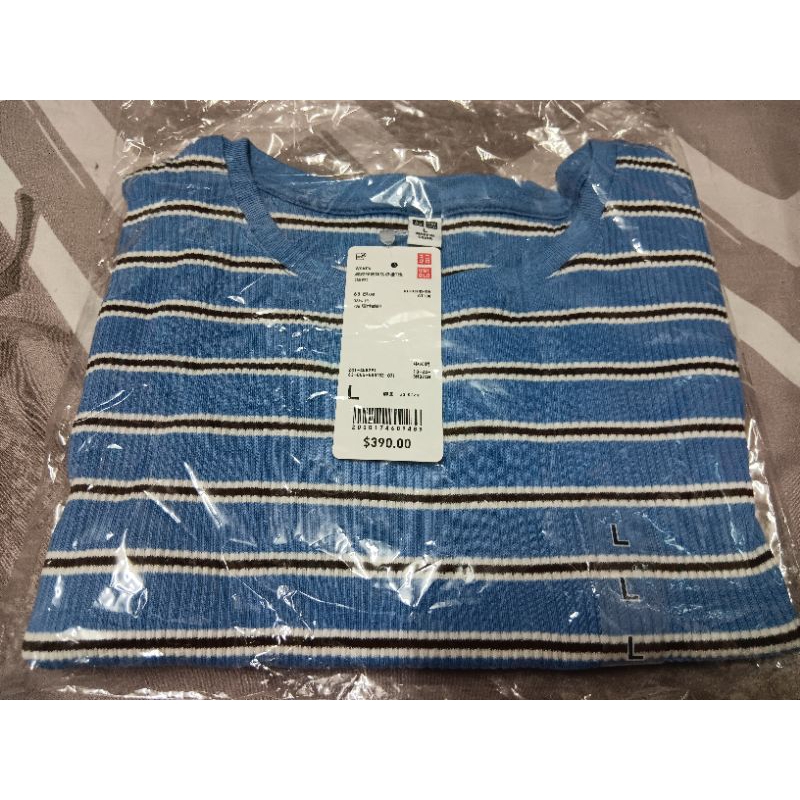 UNIQLO 羅紋條紋短版滾邊T恤_尺寸L _ 胸圍86-92cm | 蝦皮購物