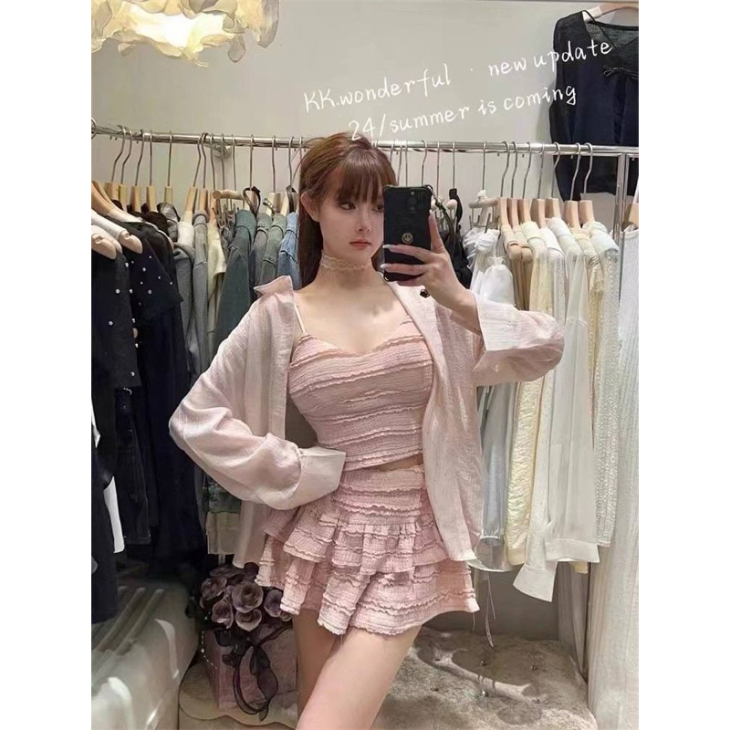 【Y.LLL】｜現貨藍｜預購｜帶胸墊吊帶背心+蓬蓬蛋糕短裙set 兩件式套裝 | 蝦皮購物