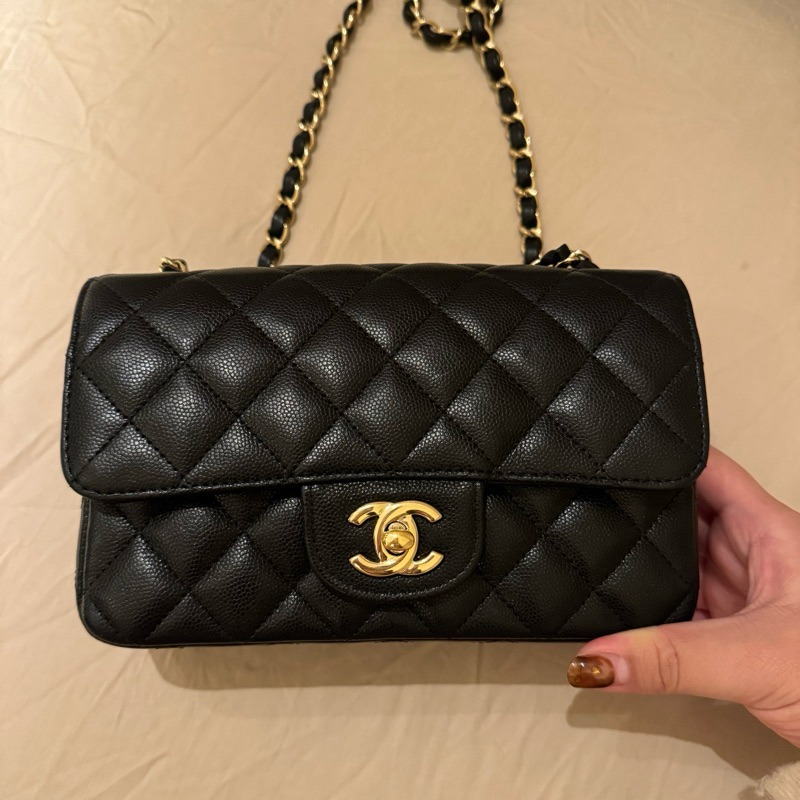 (9成新）Chanel mini coco cf20 荔枝牛皮 黑色金釦 絕版品 | 蝦皮購物