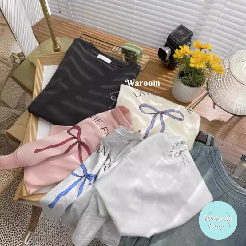 Waroom|現貨售完不補 韓國設計前後蝴蝶結圖案寬鬆短袖上衣|女裝|短袖上衣|T恤|蝴蝶結上衣 88520 | 蝦皮購物