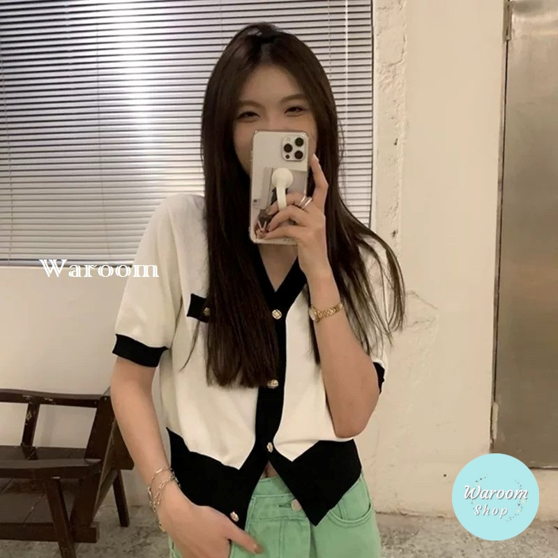 Waroom| 售完不補薄款針織小香風V領針織上衣|女裝|針織開衫|短袖v領修身T恤|短袖上衣|小外套|民媛風 2814 | 蝦皮購物