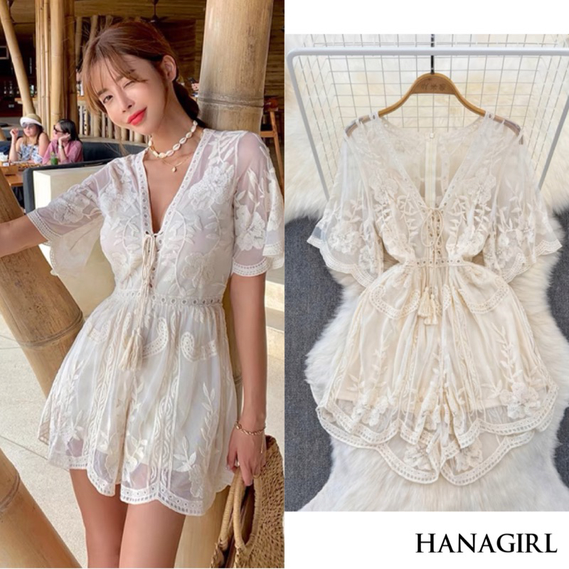 🎀Hanagirl 隔日到貨🧡正韓🇰🇷 出國度假 夏日甜美透膚蕾絲連身褲 O019 | 蝦皮購物