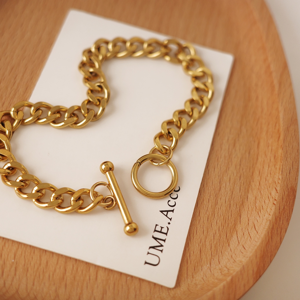 [鈦鋼.手鍊] 古巴鍊OT扣手鍊【UME】洗澡可戴 不退色鈦鋼手鍊 鍍18K金 | 蝦皮購物