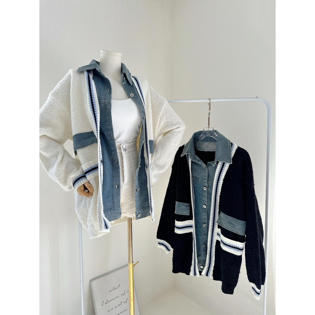 【Rina.space】韓系假兩件拼接牛仔撞色針織外套 | 蝦皮購物