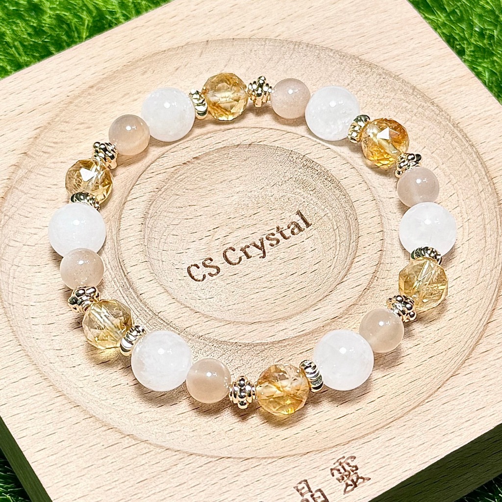 CS Crystal 編號513 - 滿礦白幽靈水晶+焦糖黃水晶+奶茶月光石設計款 | 蝦皮購物