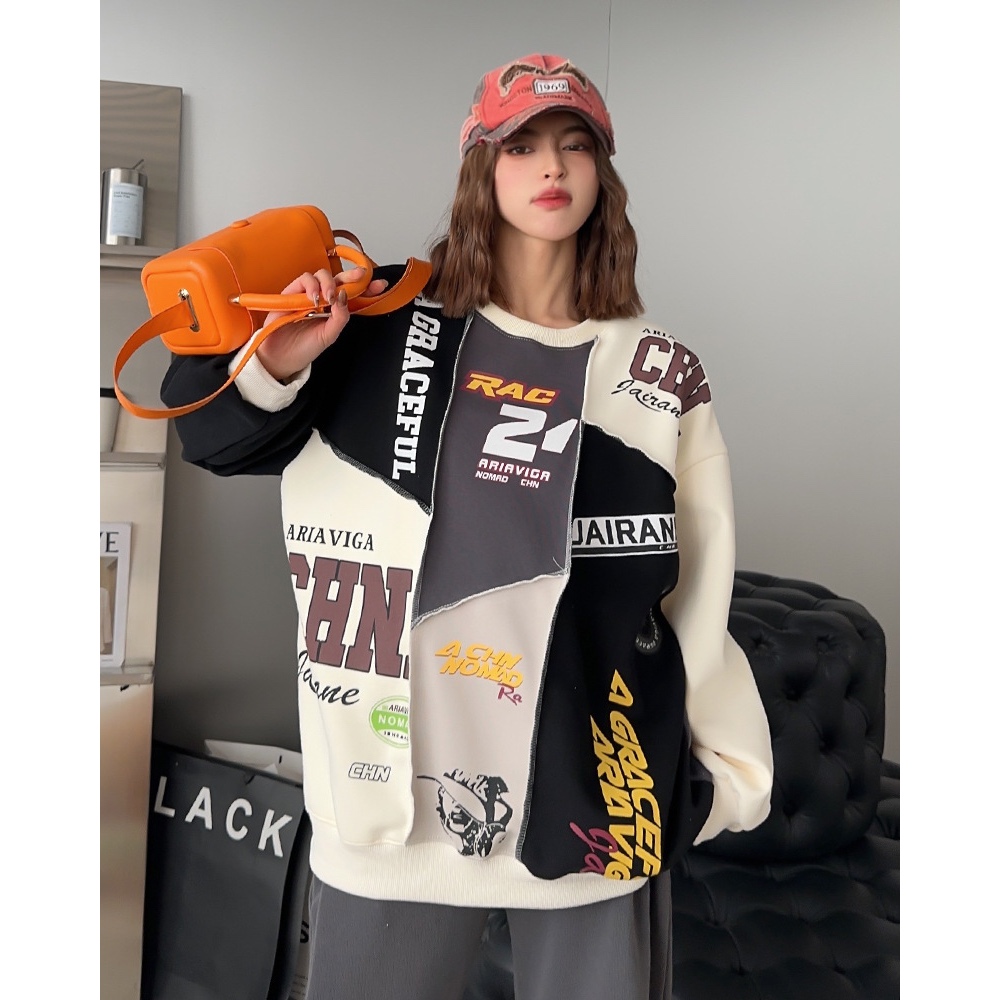 Y2 style ️拼接貼布OVERsize大學T ️Y2style歐美y設計款寬鬆韓版個性大尺碼【C9111】 | 蝦皮購物